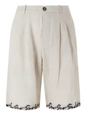 KARTIK RESEARCH Pleated Embroidered Linen Shorts - Neutrals