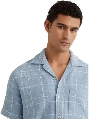 REISS Moran Textured Check Cuban-collar Shirt With Cotton - Soft Blue/white