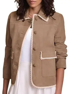 Mint Velvet Suede Crochet Trim Jacket - Neutral