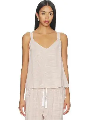 Eberjey Linen Blend V Neck Cami Top - Gingham White & Warm Taupe
