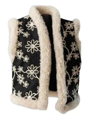 IZABELA MANDOIU Floral Shearling Trim Vest - Black