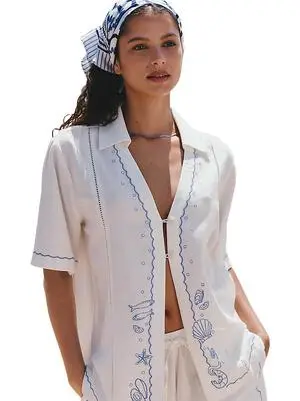 L*SPACE LSPACE Embroidered Cotton Linen Blend Shirt