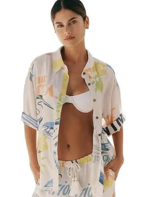 CELANDINE Celandine Linen Blend Button Down Shirt Ivory Pattern