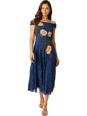 Adrianna Papell Off-the-shoulder Beaded Lace Midi Dress - Navy/blush