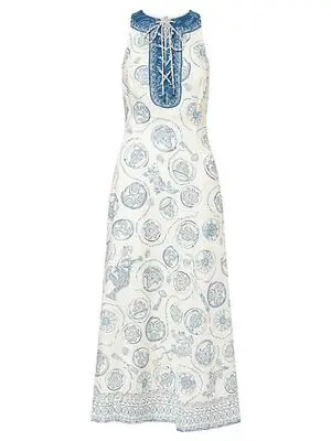 ALEMAIS Lucky Lace-up Linen Midi Dress - Ivory