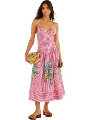 Farm Rio Pink Palm Tree Striped Midi Dress - Multi