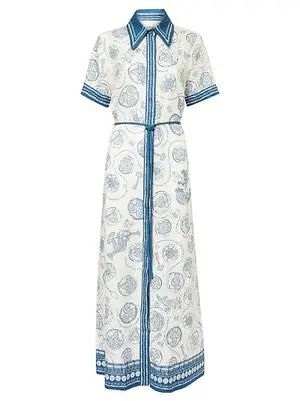 ALEMAIS Linen Graphic Print Midi Shirt Dress - Ivory