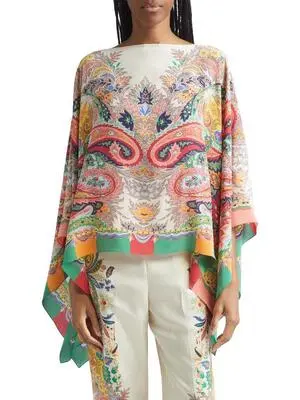 Etro Printed Silk Chiffon Poncho - Print On White Base