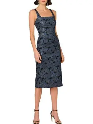 Aidan Mattox Metallic Floral Jacquard Square Neck Midi Dress - Black/navy
