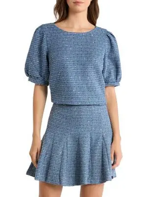 SUGARLIPS Crop Puff Sleeve Tweed Top - Blue