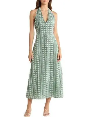 MAUDE CLUB Tussah Mixed Embroidery Halter Neck Maxi Dress - Green