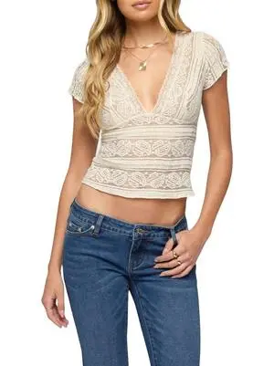 EDIKTED Avalee Plunge Neck Lace Crop Top - Cream