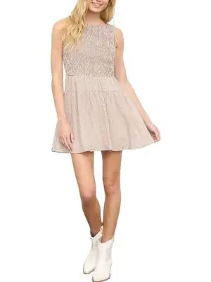 BLU PEPPER Smocked Gingham Sleeveless Mini Dress - Brown