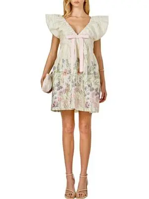 Endless Rose Metallic Floral Jacquard Minidress With Bow Detail - Cream Multi
