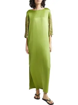 ZANKOV ZANKOV Jewel Neck Paillette Embellished Silk Satin Maxi Dress