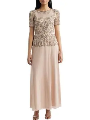 Pisarro Nights Short Sleeve Beaded Floral Chiffon Gown - Blush