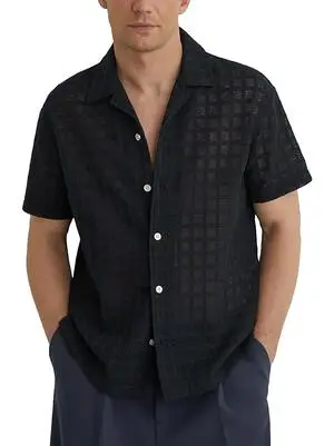 REISS Short Sleeve Crochet Tile Cuban Collar Shirt - Navy