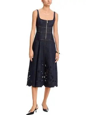 SELF-PORTRAIT Denim Bow Embroidered Midi Dress - Blue