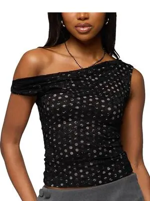 EDIKTED Off-shoulder Polka Dot Lace Top - Black
