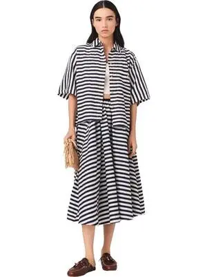 Maje Linen-blend Striped Midi Skirt - White/blue