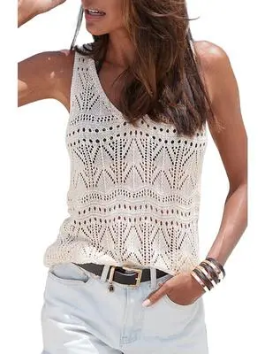LASCANA Crochet Knit V-neck Tank Top - Sand