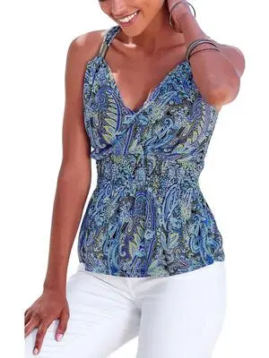 LASCANA Sleeveless V-neck Empire Waist Top - Blue Multi