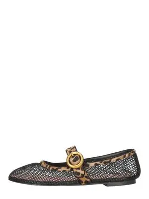Pretty Ballerinas Mesh Buckle Mary Jane Flats With Leopard Trim - Black