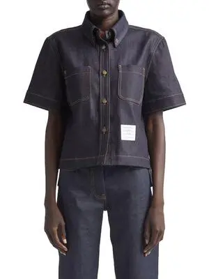 Thom Browne Short Sleeve Denim Button-down Shirt - Navy