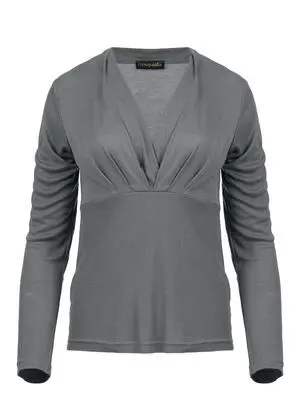 CONQUISTA Ribbed Viscose Jersey V-neck Long Sleeve Top - Grey