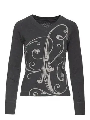 CONQUISTA V-neck Dark Print Top With Raglan Sleeves - Grey