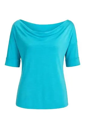 CONQUISTA Off Shoulder Top With Scoop Neck And Elbow Sleeves - Blue