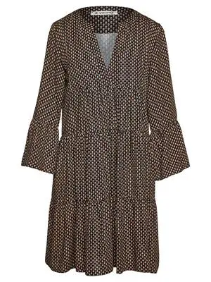 CONQUISTA Printed Bell Sleeve Gathered Seam Dress - Brown