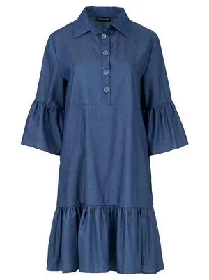CONQUISTA Denim Bell Sleeve Shirt Dress With Ruffle Hem - Blue