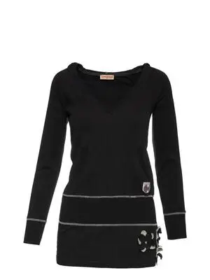 CONQUISTA Long Sleeve Hooded Tunic With Appliqué Detail - Black