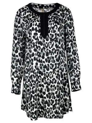 CONQUISTA Animal Print Satin Viscose Long Sleeve Dress - Black