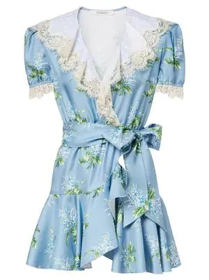 RODARTE Floral Lace-trimmed Silk Twill Minidress - Blue