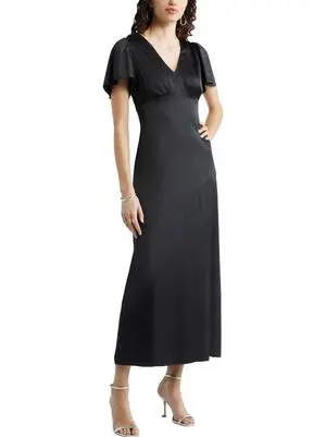Chelsea28 Flutter Sleeve Satin Maxi Dress - Black