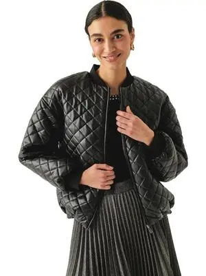 EXQUISE Quilted Faux Leather Bomber Jacket - Black