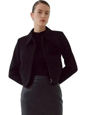 EXQUISE Rose Embellished Zip-up Jacket - Black