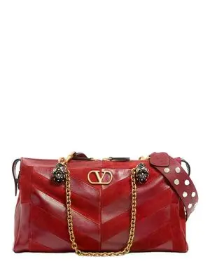 Valentino Garavani Panthea Medium Shoulder Bag In Suede And Nappa Leather With Chevron Motif - Red