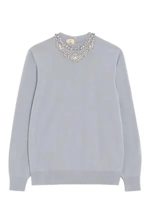 Valentino Garavani Virgin Wool Embellished Crew Neck Sweater - Grey
