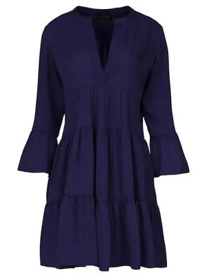 CONQUISTA Viscose Gathered Seams Dress - Blue