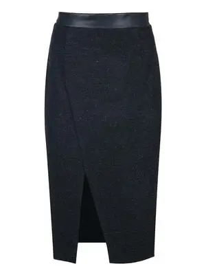 CONQUISTA Wool Blend Pencil Skirt With Faux Leather Waistband And Front Slit - Black