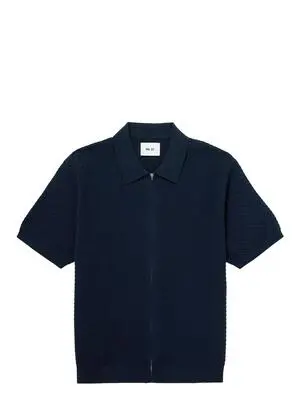 Nn07 Gustav 600160 Textured Organic Cotton Zip-up Polo Shirt - Blue