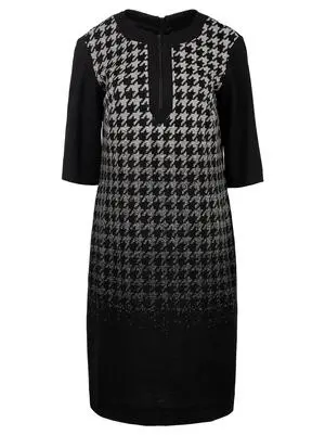 CONQUISTA Knit Jacquard Ombré Dogtooth Print Midi Dress - Black
