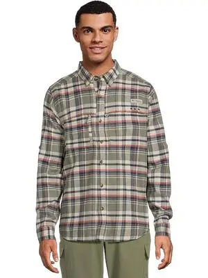 Columbia Wild Cast Flannel Shirt T Shirt Crushed Blue Backwater Tartan - Olive
