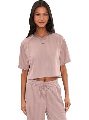 PUMA League Jersey Cropped Top With V-neck And Short Sleeves - Beige