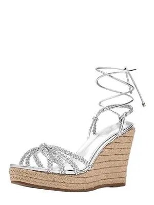 Schutz Adele Metallic Braided Wedge Sandals - Silver