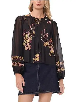 Vince Camuto Round Neck Floral Print Long Sleeve Top - Black