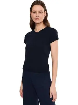 Vince High V-neck Short Sleeve Sweater - Black
